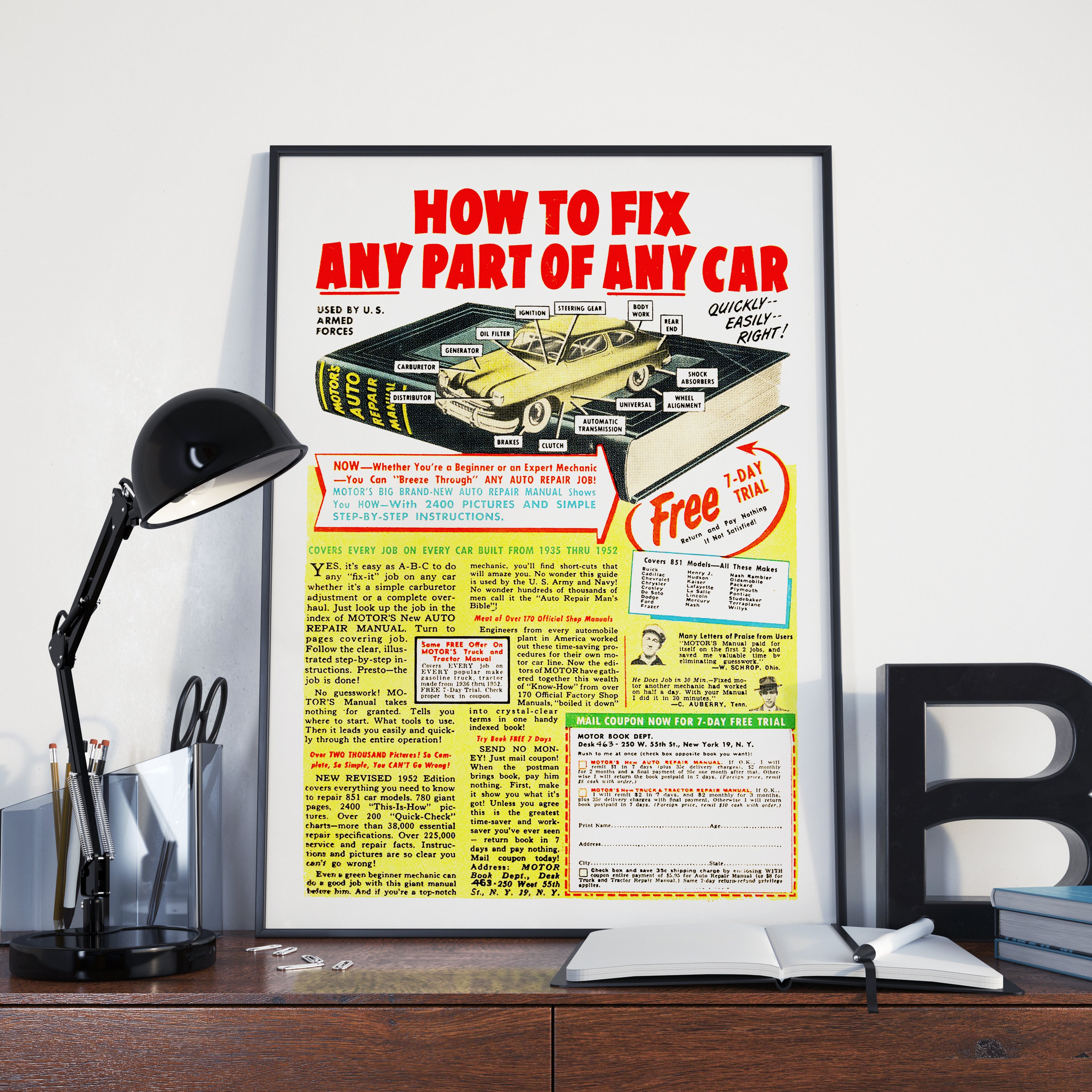 VINTAGE CAR ADVERTISEMENT - Mechanic Ad, Fix Any Car Part Poster or ...