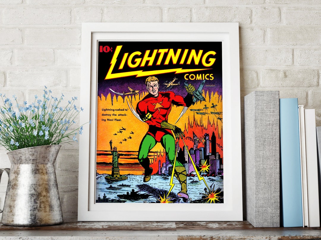 VINTAGE SUPERHERO POSTER Superhero Fighting Nazi Bombers, Captain ...