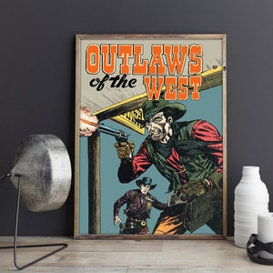 Vintage Western Poster - Outlaws of the West Saloon Shootout Cowboy ...