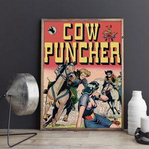 Vintage Western Poster - Cow Puncher, Cowboys Saving a Pin-up Girl Wild ...