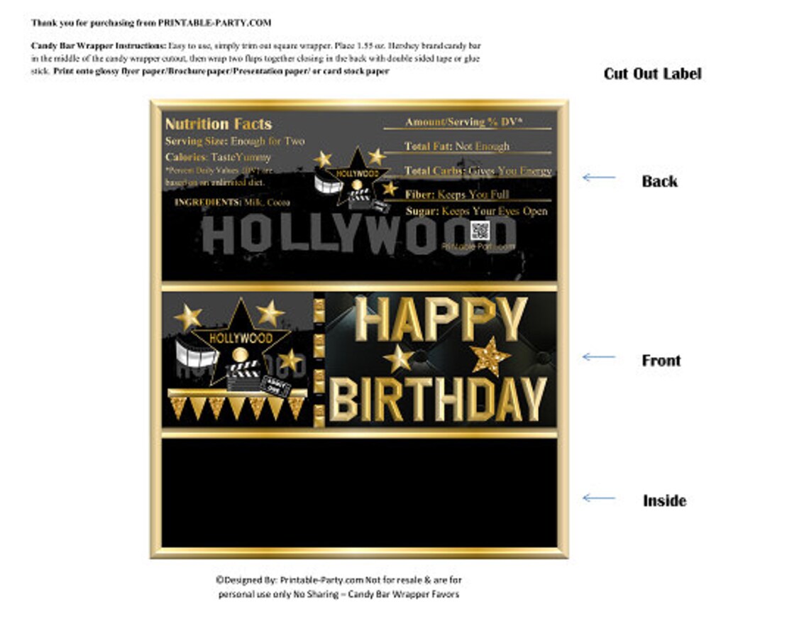 Printable Candy Bar Wrappers Hollywood Gold Black Birthday - Etsy