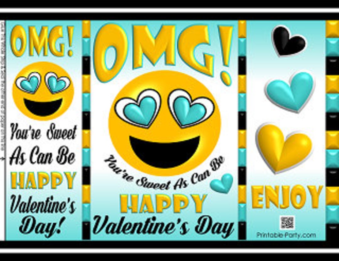 Printable Emoji Valentine's Day Greetings Treat Gift Bags Teal Black ...