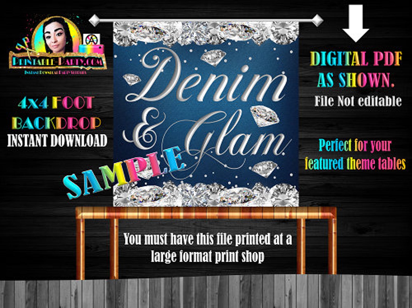Backdrop Banner 4x4 Foot Printable PDF Instant Download Denim Glam ...