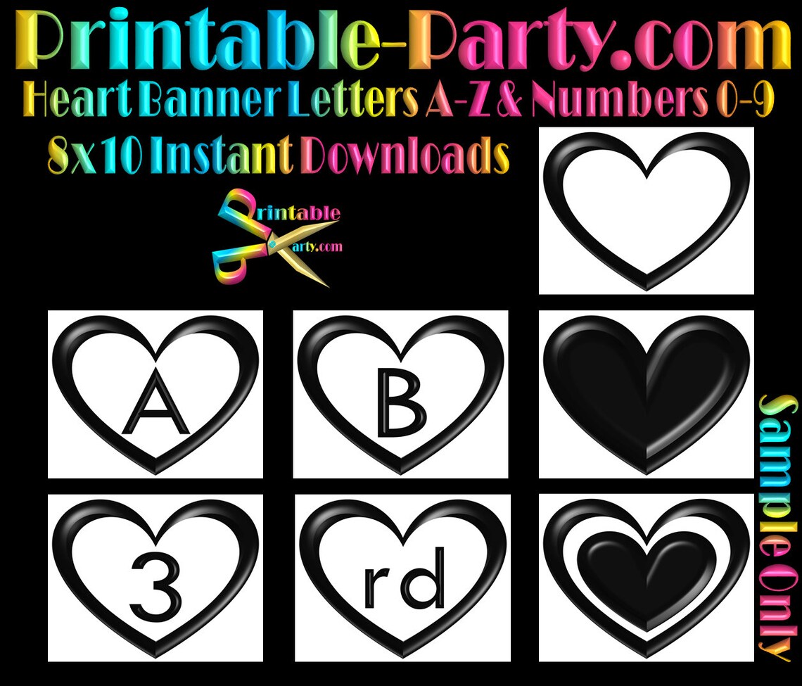 8x10.5 Inch BLACK Heart Shaped Printable Banner Letters and | Etsy