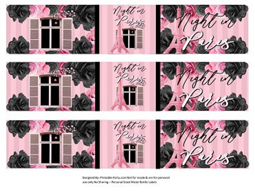 Printable Water Bottle Labels | Night in Paris Eiffel Tower Pink Black ...