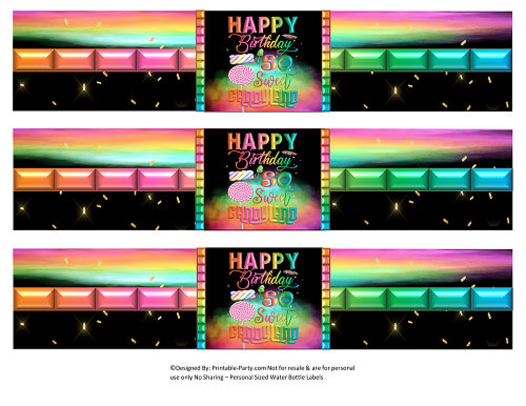 Printable Water Bottle Labels | Candyland Rainbow Black Gold Drink ...