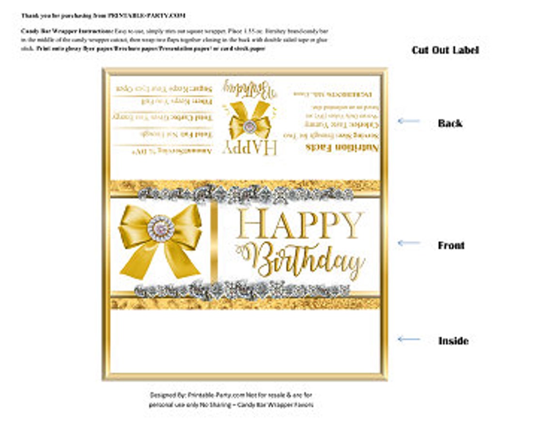 Printable Candy Bar Wrappers Happy Birthday Gold White Bling - Etsy