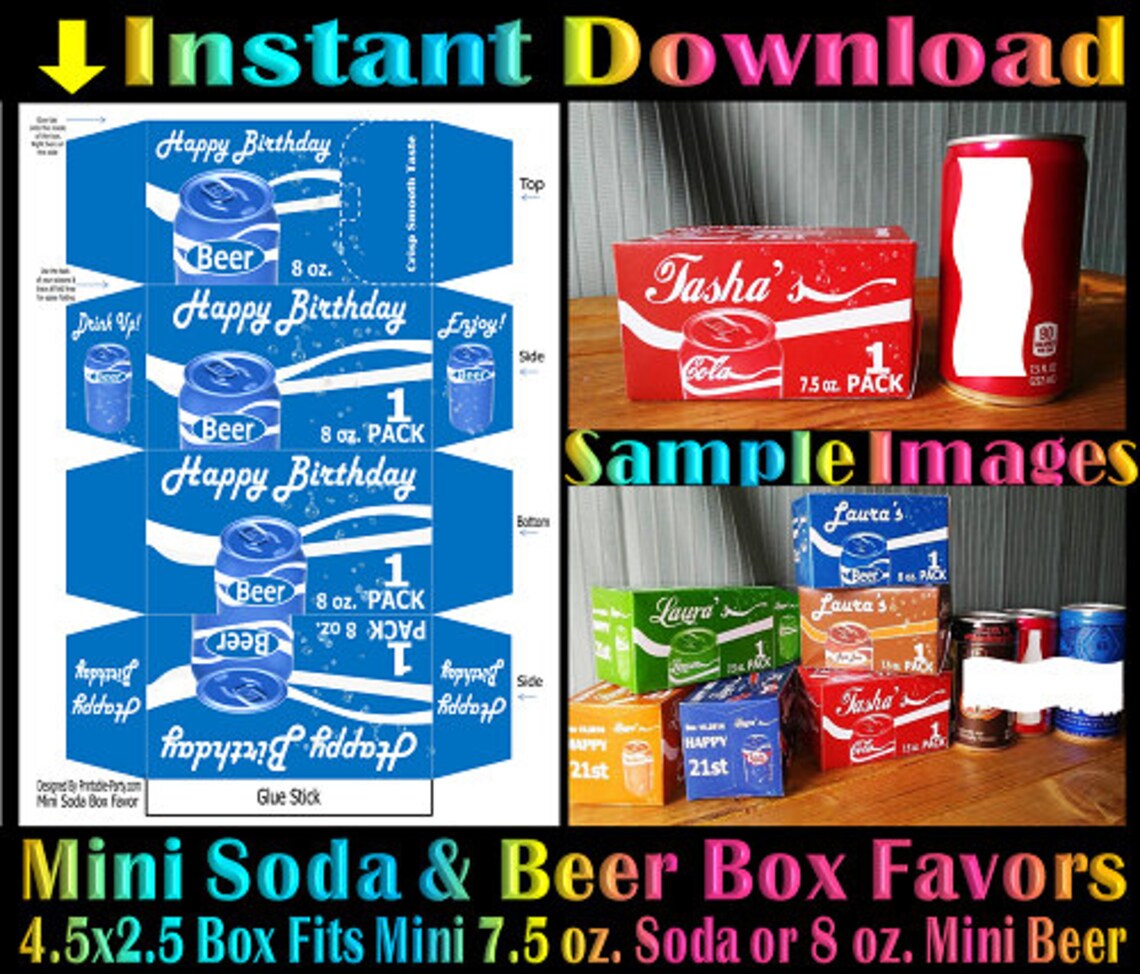 Printable Mini Soda Beer Box 7 or 8 oz Drink Cans Instant | Etsy