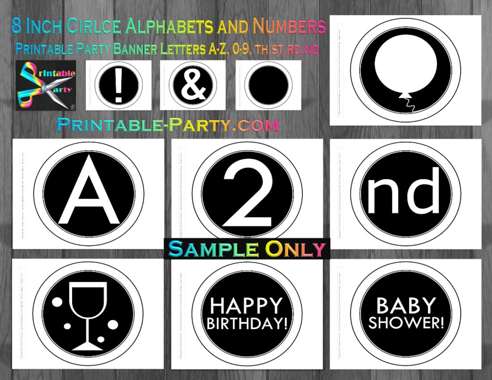 8x8 Inch Circle Black White Printable Banner Letters - Etsy