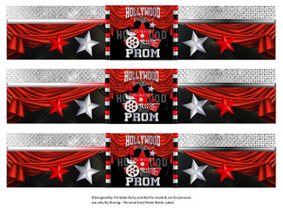 Printable Water Bottle Labels | Hollywood Red Silver Black Prom Night ...