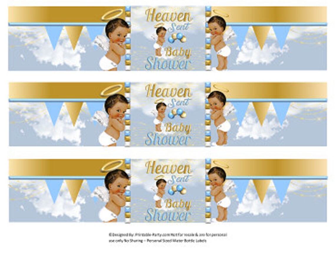 Printable Water Bottle Labels | Heaven Sent Angel Boy Blue Gold Baby ...
