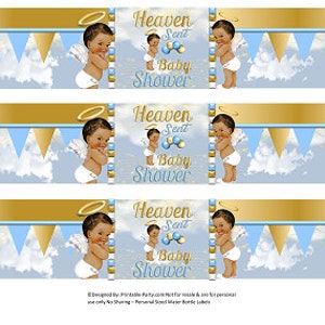 Printable Water Bottle Labels | Heaven Sent Angel Boy Blue Gold Baby ...