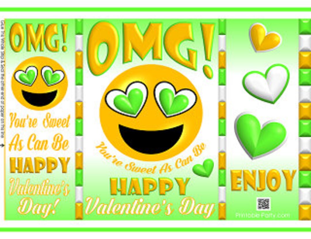Printable Emoji Heart Valentine's Day Greetings Treat Gift Bags Green ...