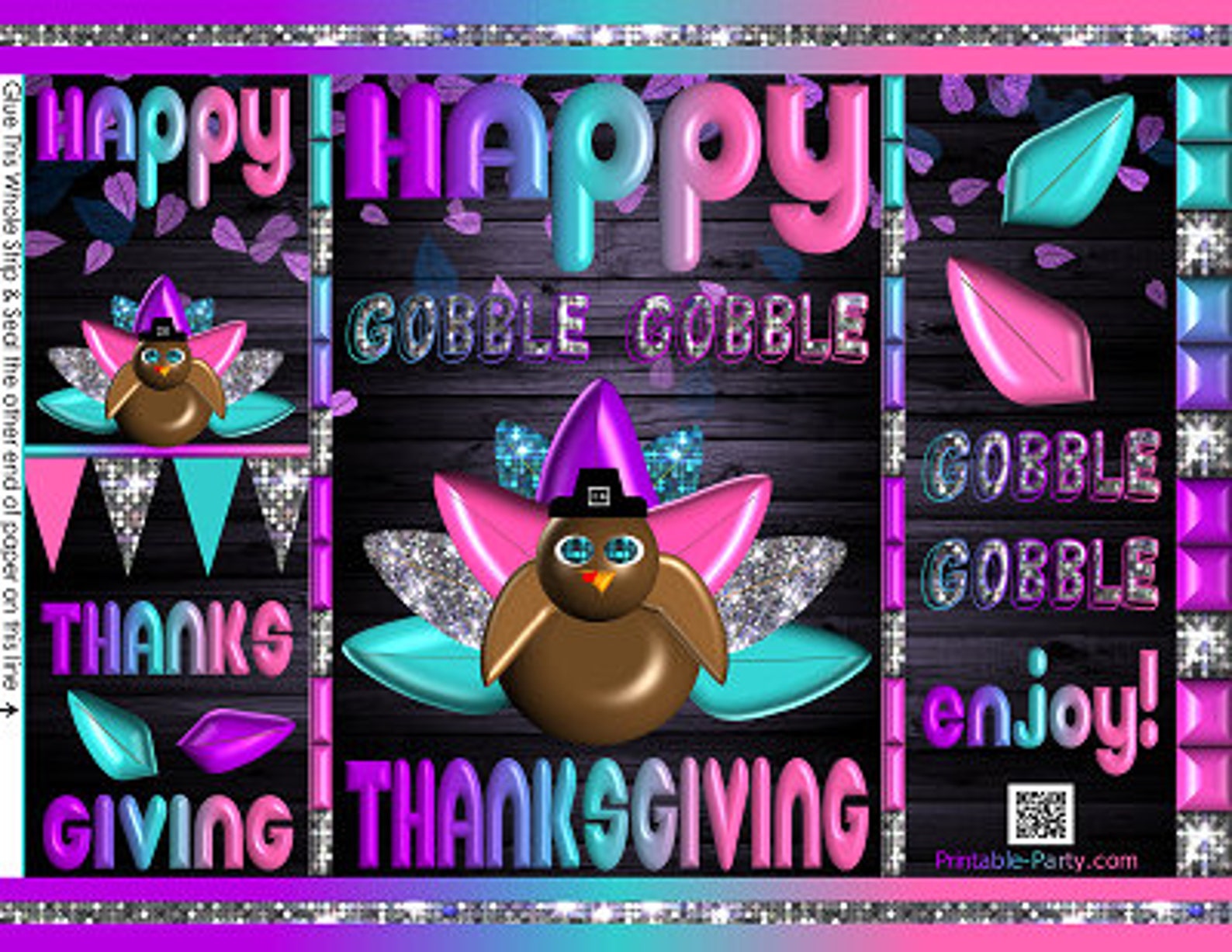 Happy Thanksgiving Turkey Gobble Pink Purple Aqua Brown - Etsy