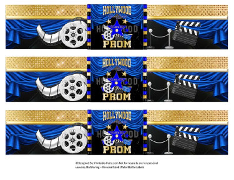 Printable Water Bottle Labels Hollywood Blue Gold Black Prom | Etsy