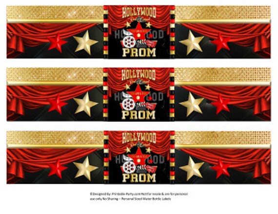 Printable Water Bottle Labels | Hollywood Red Gold Black Prom Night ...