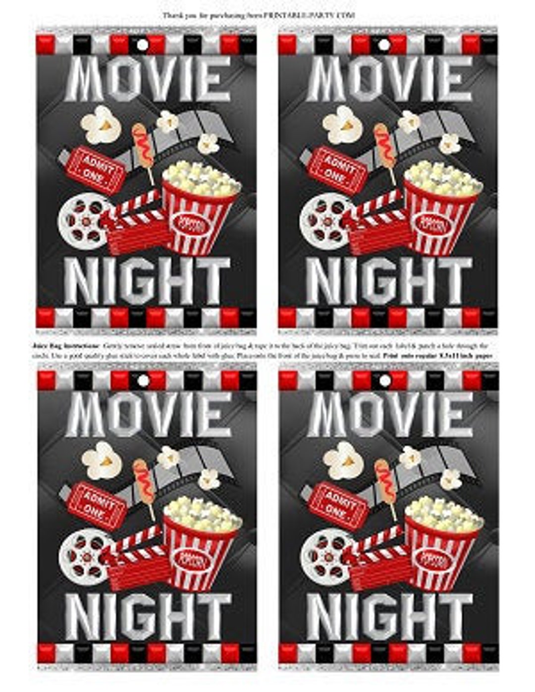 Printable Juice Bag Labels | Movie Night Hollywood Birthday Party ...