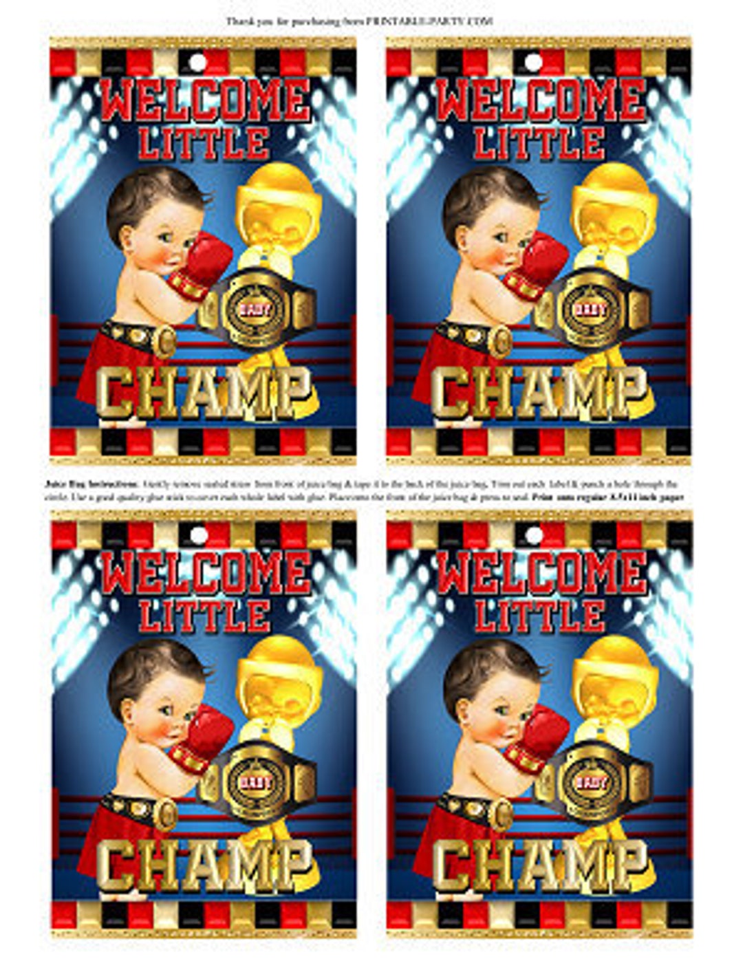 Printable Juice Bag Labels | Boxer Boxing Sports Little Champ Red Gold ...