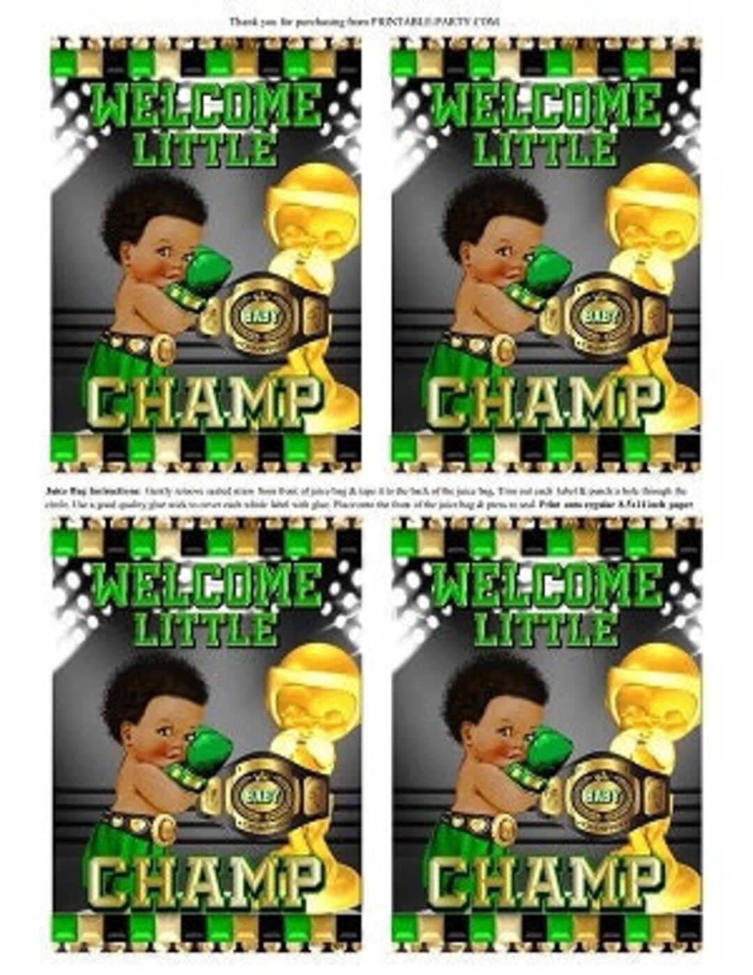 Printable Juice Bag Labels | Boxer Boxing Sports Little Champ Green ...