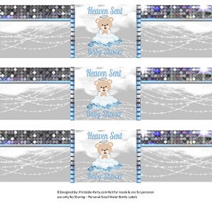 Printable Water Bottle Labels Heaven Sent Angel Boy Blue Silver Baby ...
