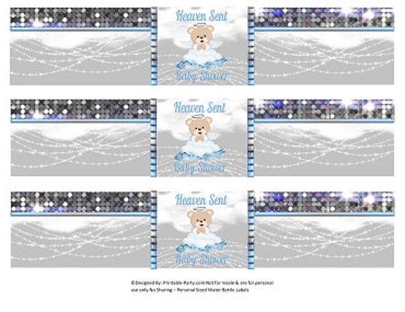 Printable Water Bottle Labels | Heaven Sent Angel Boy Blue Silver Baby ...