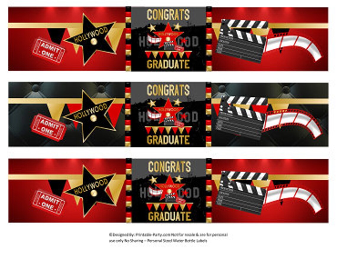Printable Water Bottle Labels Hollywood Red Gold Black - Etsy