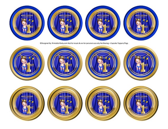 Printable Circle Tags 2 inch Cupcake Toppers | Blue Gold Crown Prince ...