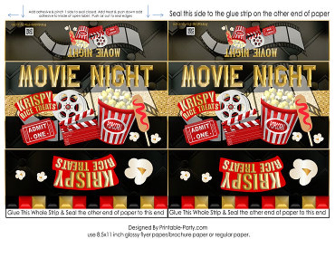 Printable Krispy Rice Treat Labels Movie Night Hollywood Red - Etsy