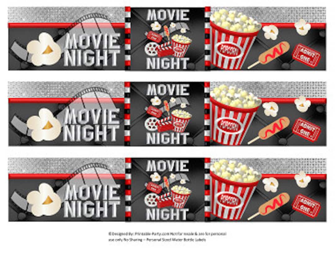 Printable Water Bottle Labels | Movie Night Hollywood Red Silver Black ...
