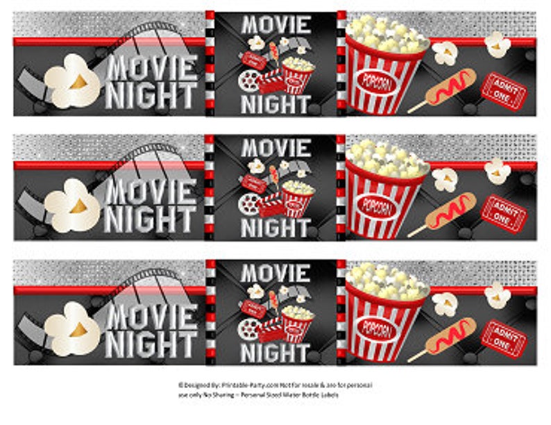 Printable Water Bottle Labels Movie Night Hollywood Red - Etsy
