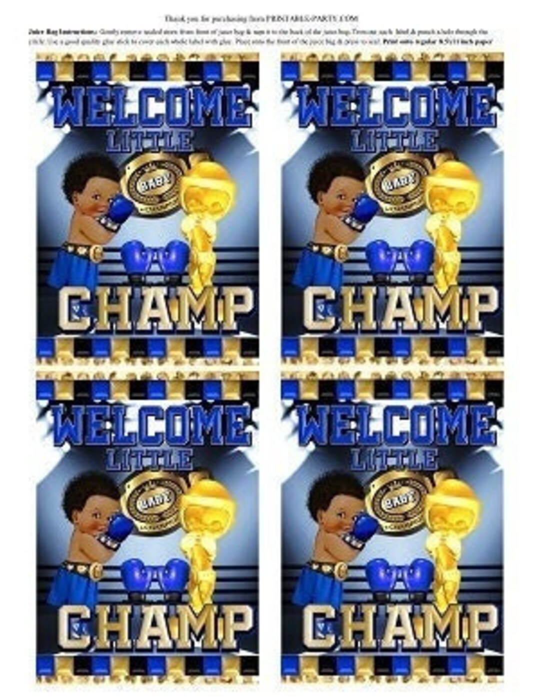 Printable Juice Bag Labels | Boxer Boxing Sports Little Champ Blue Gold ...