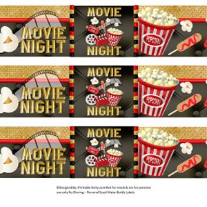 Printable Water Bottle Labels | Movie Night Hollywood Red Gold Black ...