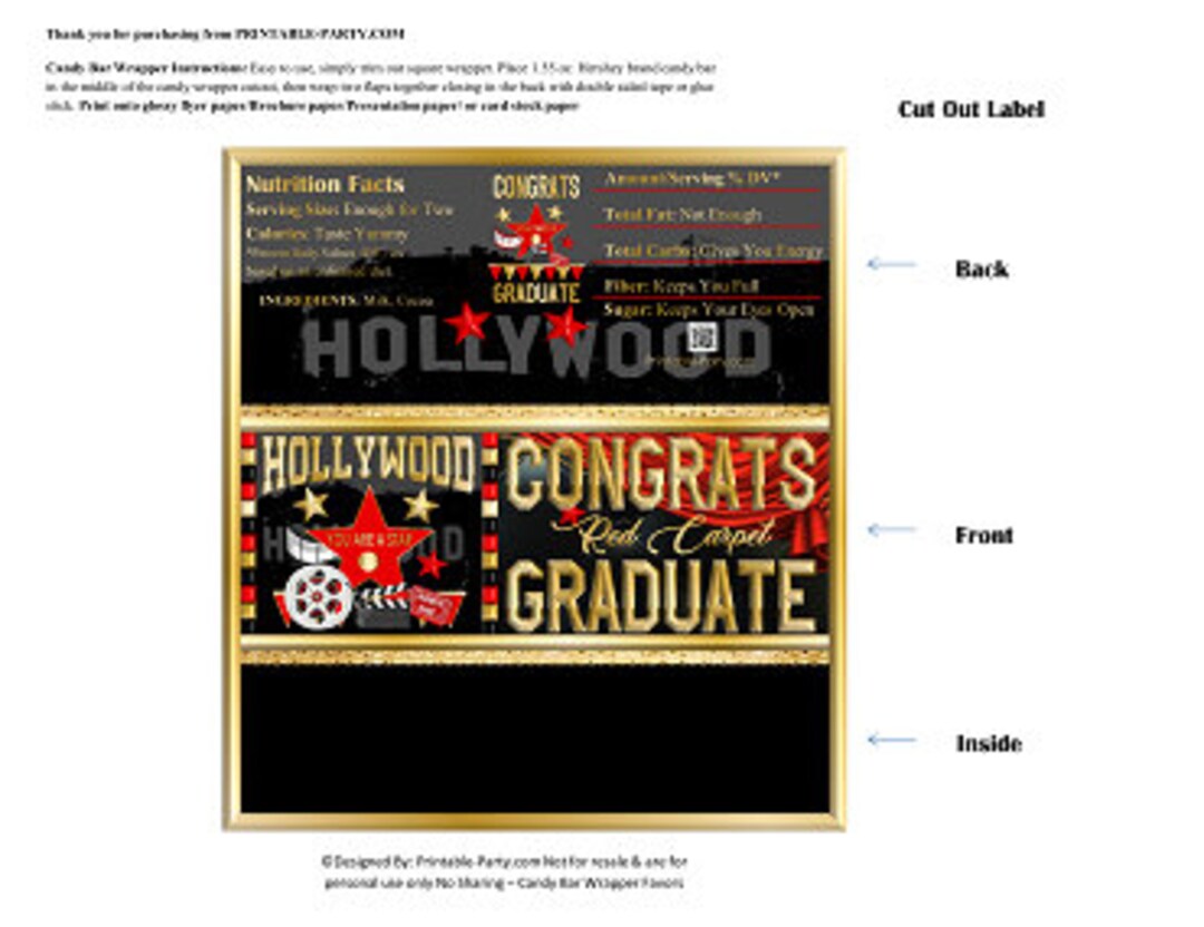 Printable Candy Bar Wrappers Hollywood Red Gold Black Congrats Graduate ...