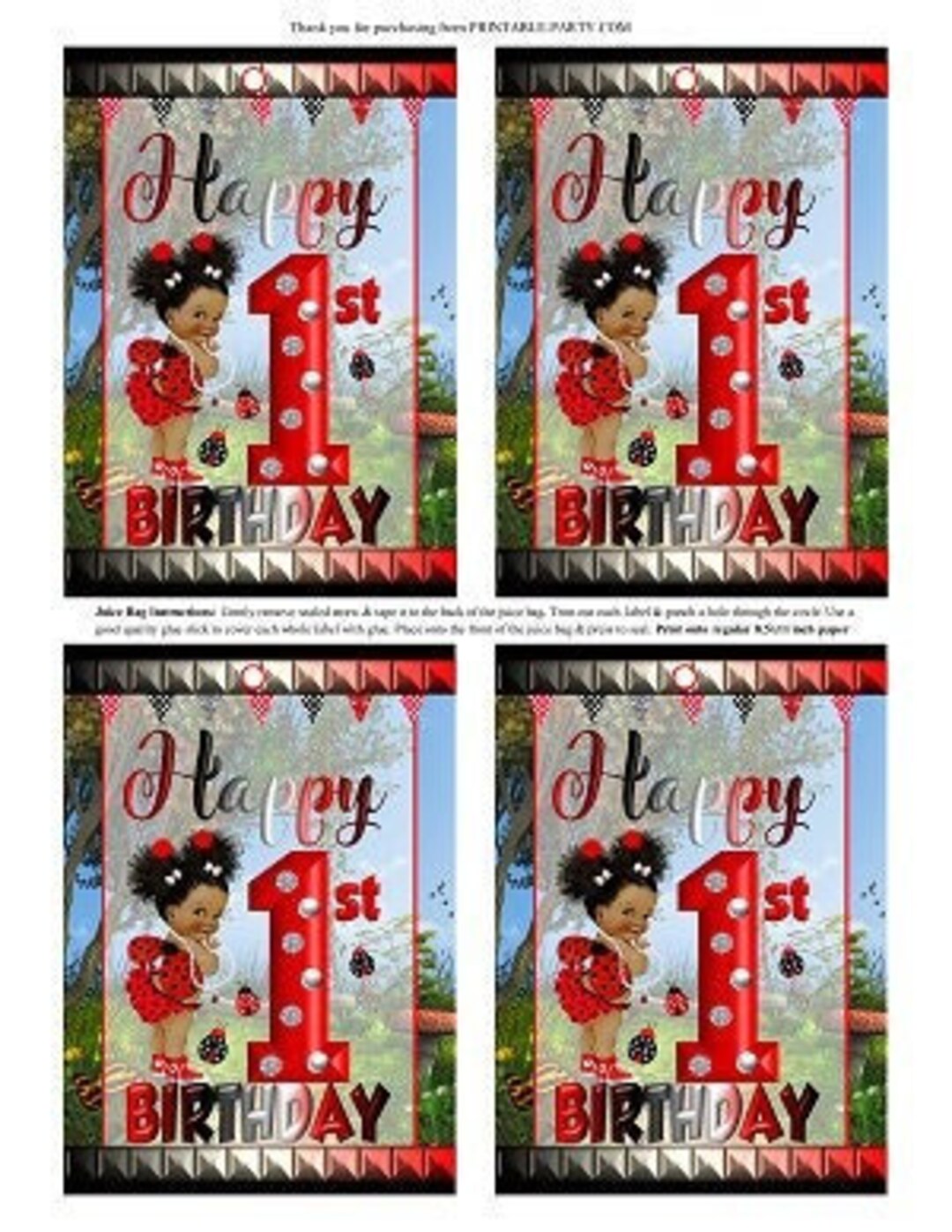 Printable Juice Bag Labels | Lady Bug 1st Birthday Insects Red Black ...