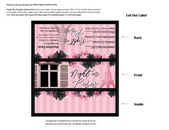 Printable Candy Bar Wrappers | Night in Paris Eiffel Tower Pink Black ...