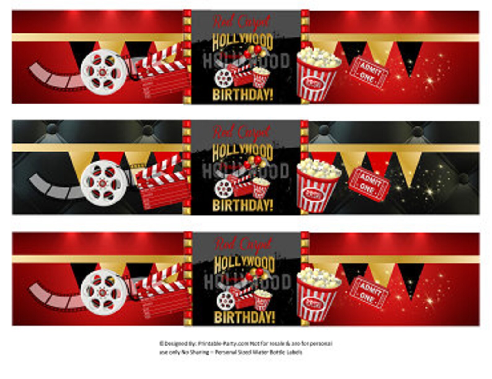 Printable Water Bottle Labels Hollywood Red Carpet Gold Black Birthday ...