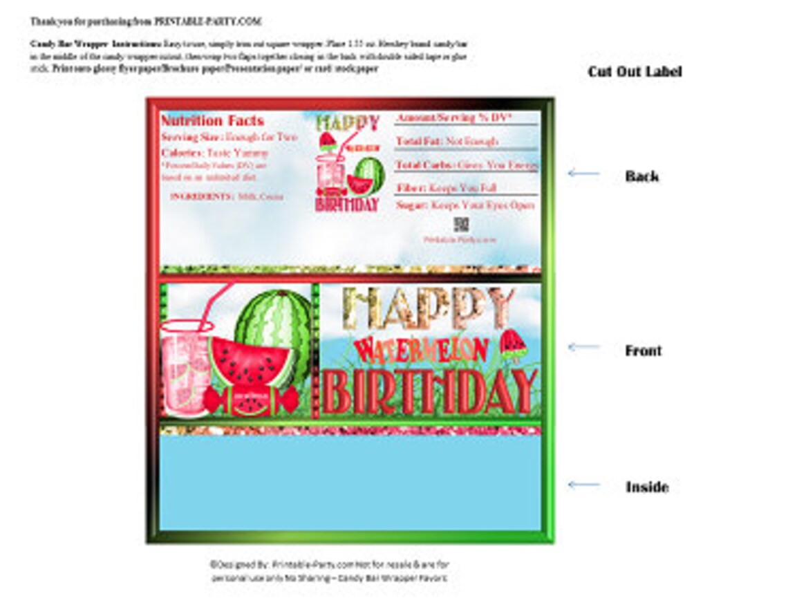 Printable Candy Bar Wrappers Watermelon Fruit Candy Birthday | Etsy