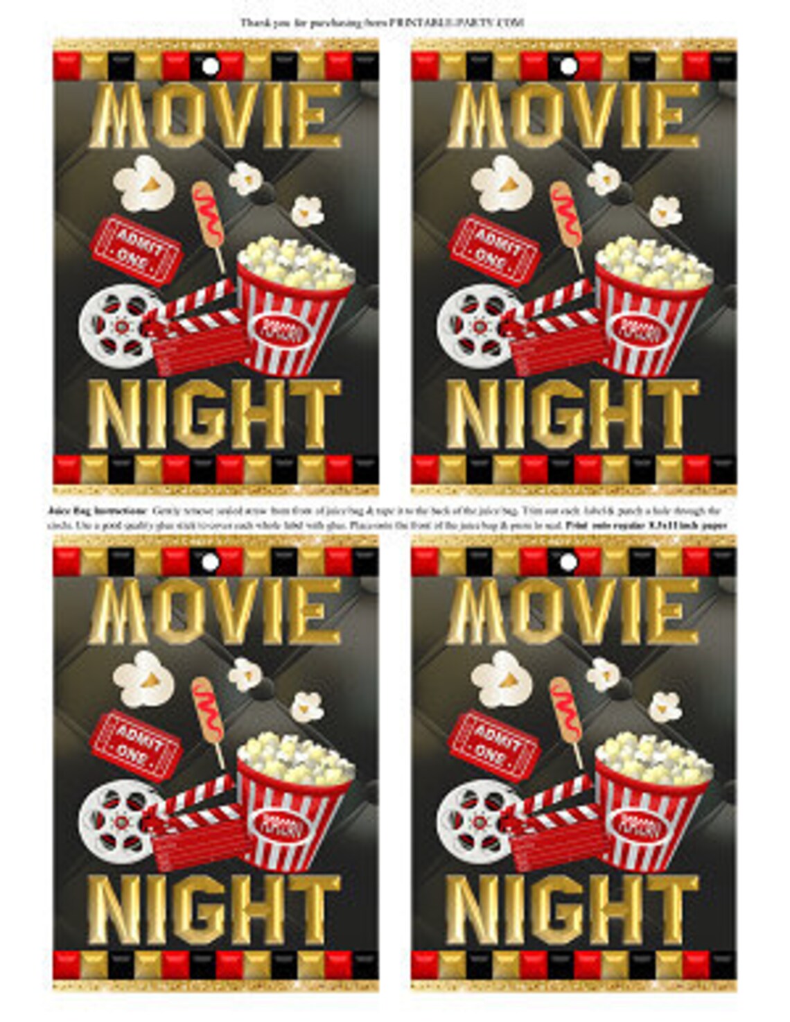 Printable Juice Bag Labels Movie Night Hollywood Birthday | Etsy
