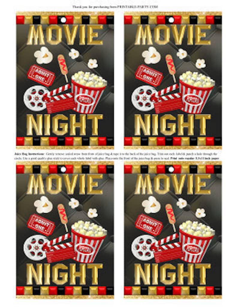 Printable Juice Bag Labels Movie Night Hollywood Birthday - Etsy