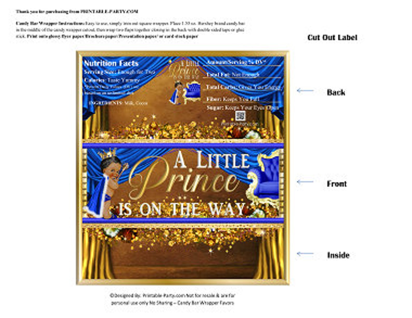 Printable Candy Bar Wrappers Royal Prince Blue Gold White | Etsy