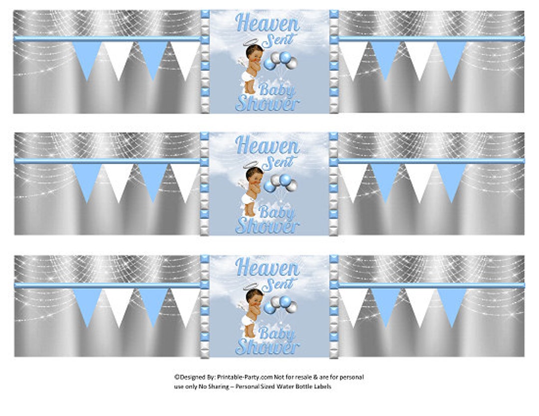 Printable Water Bottle Labels | Heaven Sent Angel Boy Blue Silver Baby ...