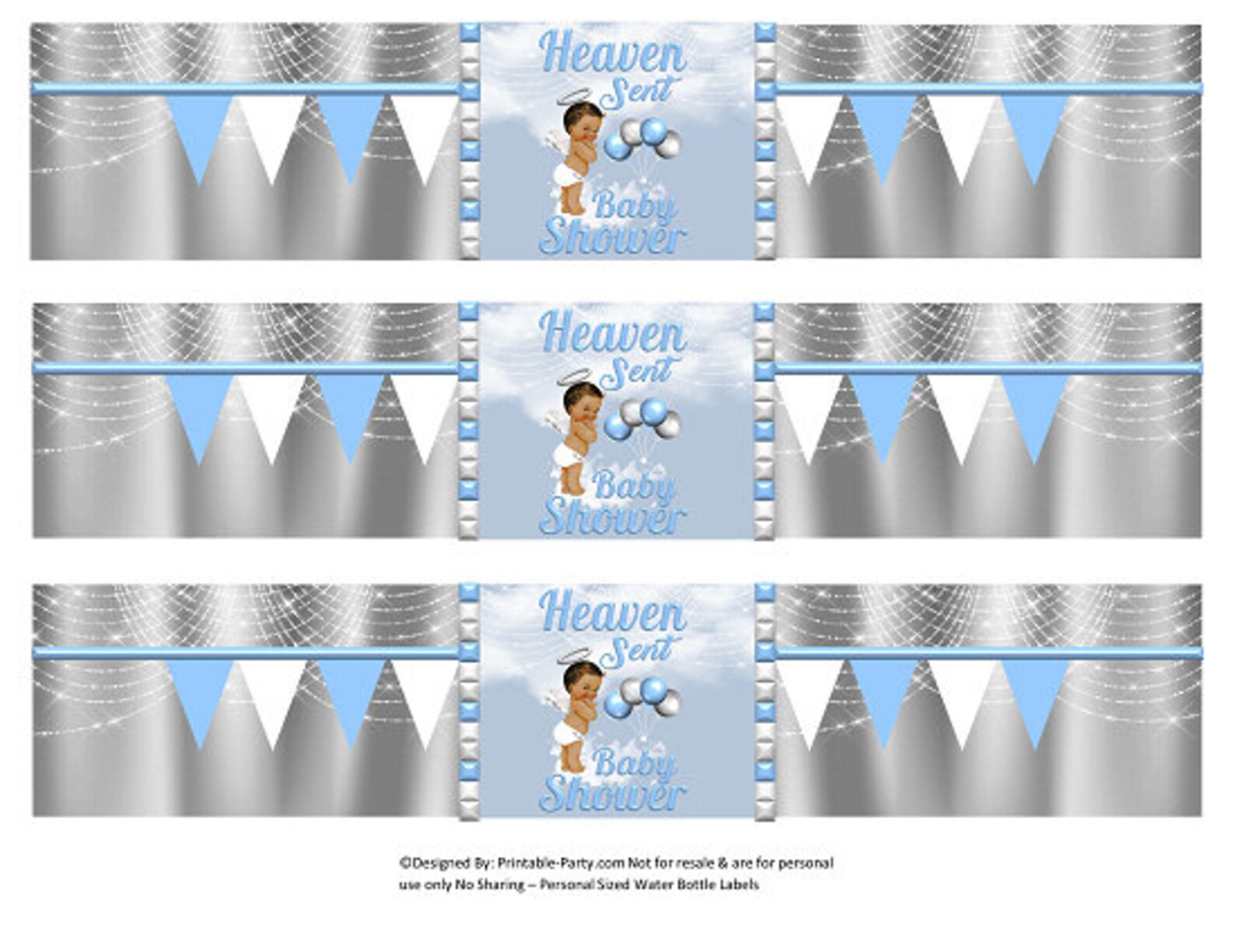 Printable Water Bottle Labels | Heaven Sent Angel Boy Blue Silver Baby ...