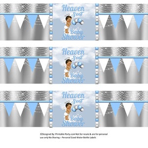 Printable Water Bottle Labels | Heaven Sent Angel Boy Blue Silver Baby ...