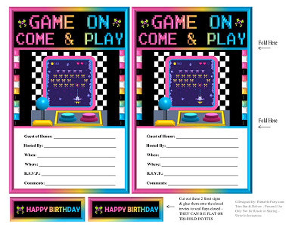 Printable PDF Party Invitations Write in Arcade Video Game - Etsy