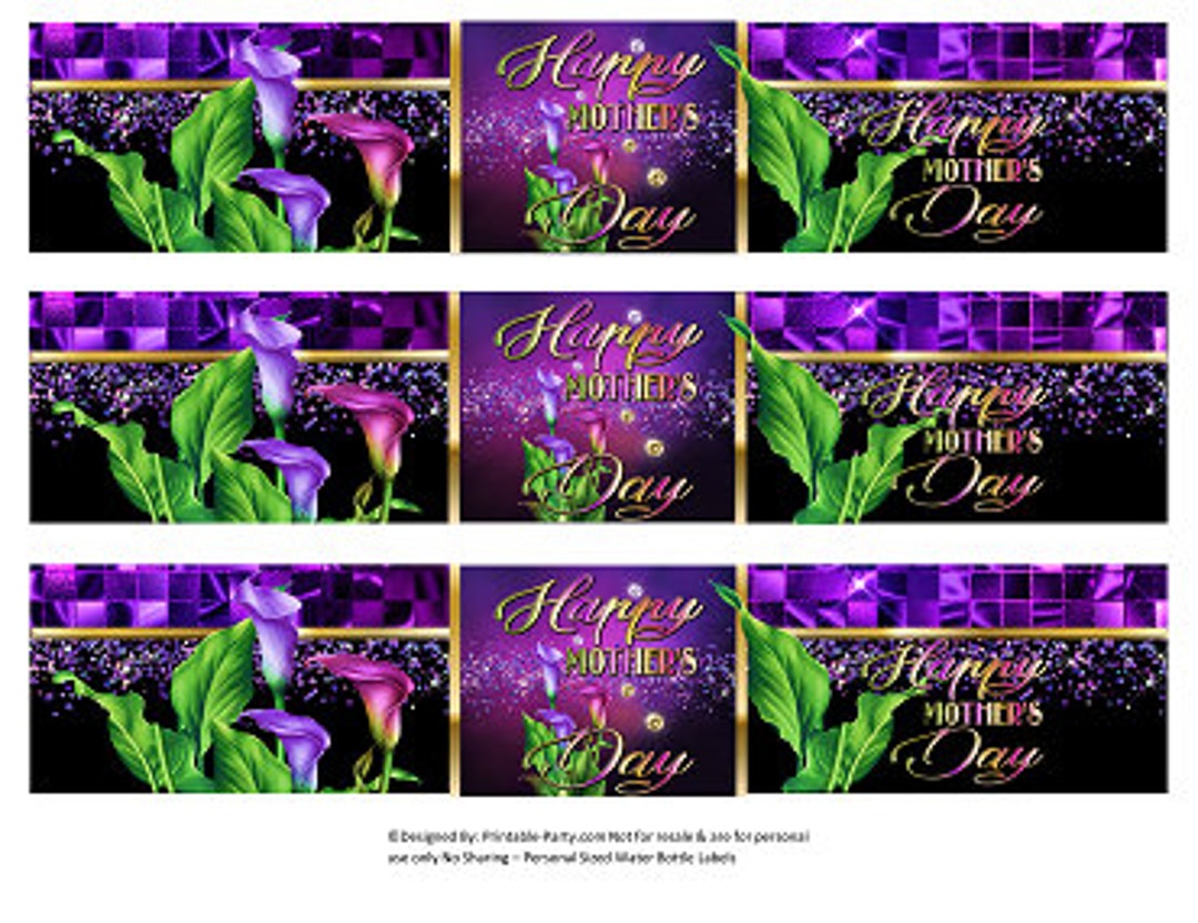 Printable Water Bottle Labels | Mother's Day Flower Floral Purple Gold ...