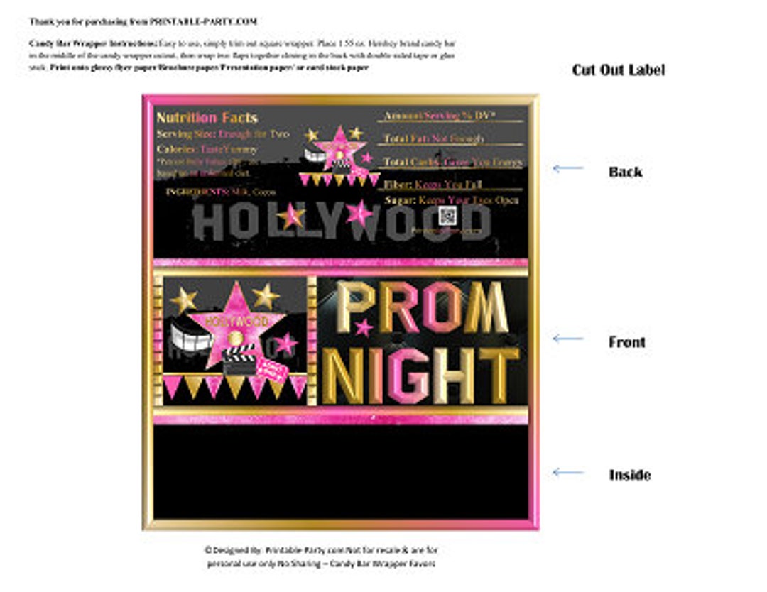 Printable Candy Bar Wrappers Hollywood Pink Gold Black Prom Night ...