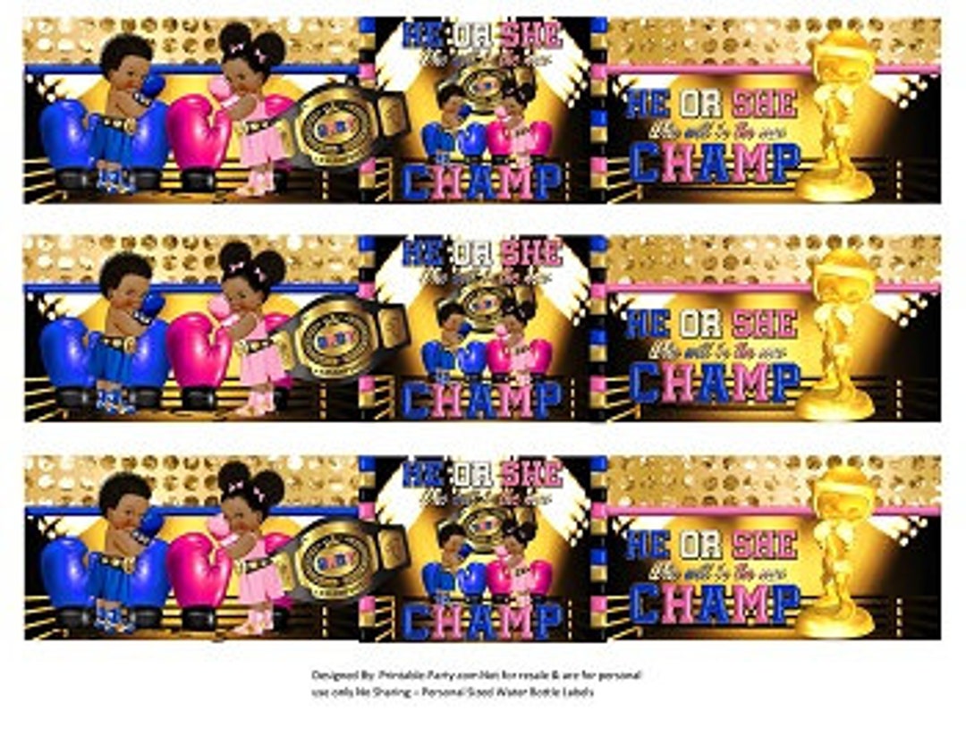 Printable Water Bottle Labels | Gender Reveal Boxing Boxer Little Champ ...