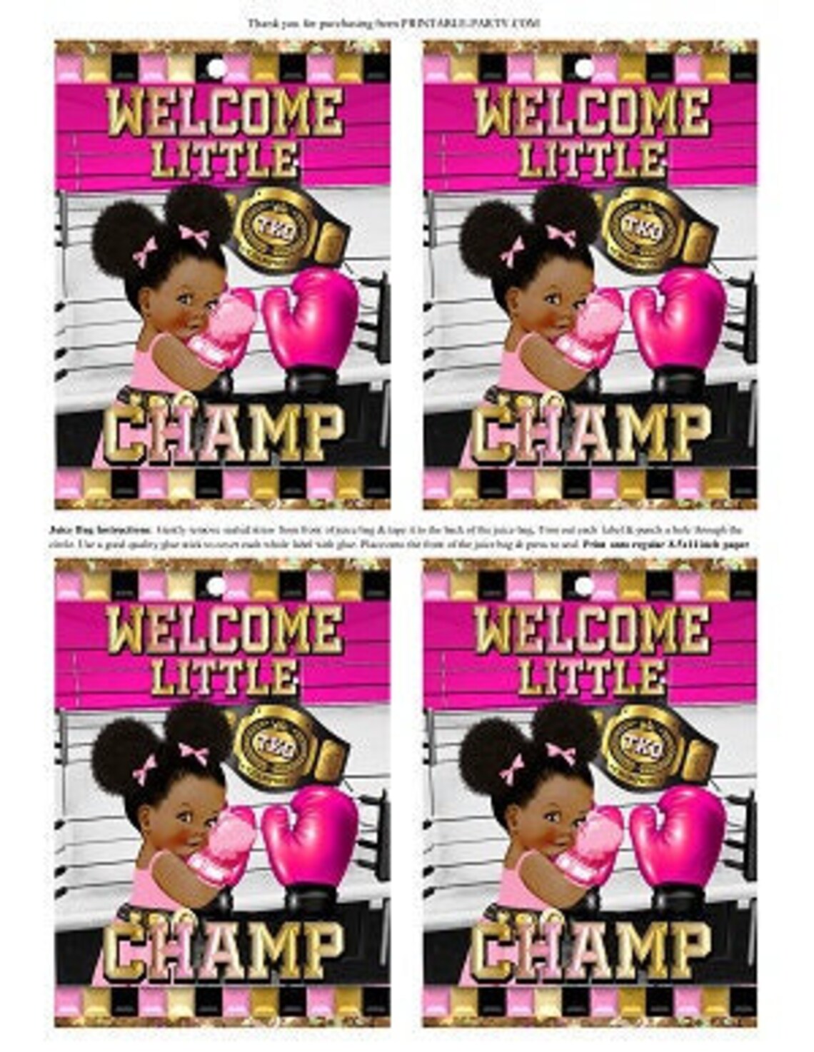 Printable Juice Bag Labels | Boxer Boxing Sports Little Champ Girl Gold ...