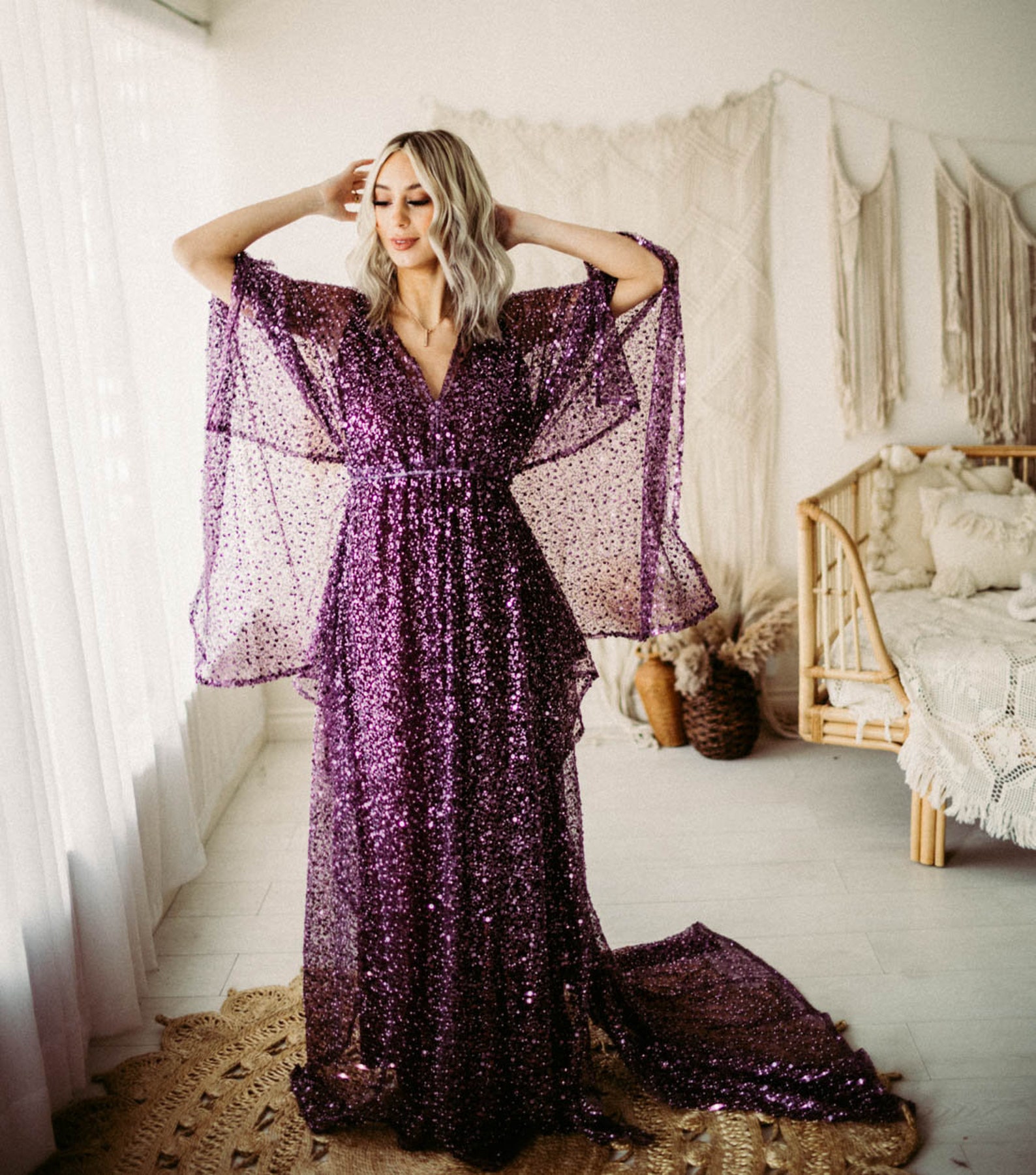 Diamonds Dress or Robe - Purple Plum- Flutter Dress Pearl Beaded Sequin ...
