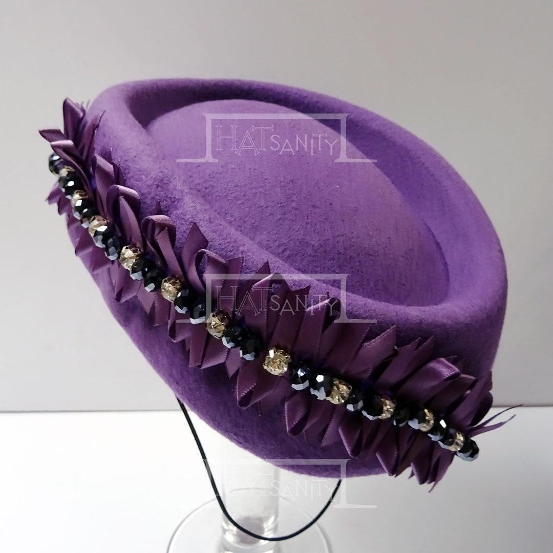Wool Felt Pillbox Hat W/ W/o Ribbon and Cubic PURPLE custom Made / DIY ...